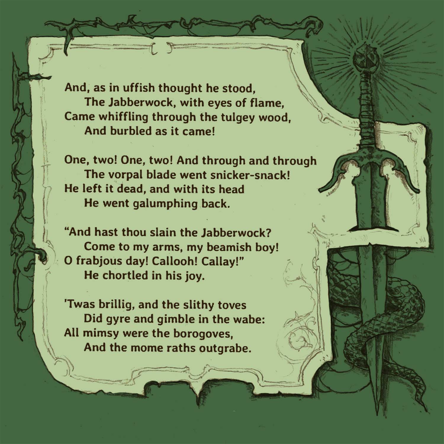 Second page of the Jabberwocky poem with the vorpal sword
