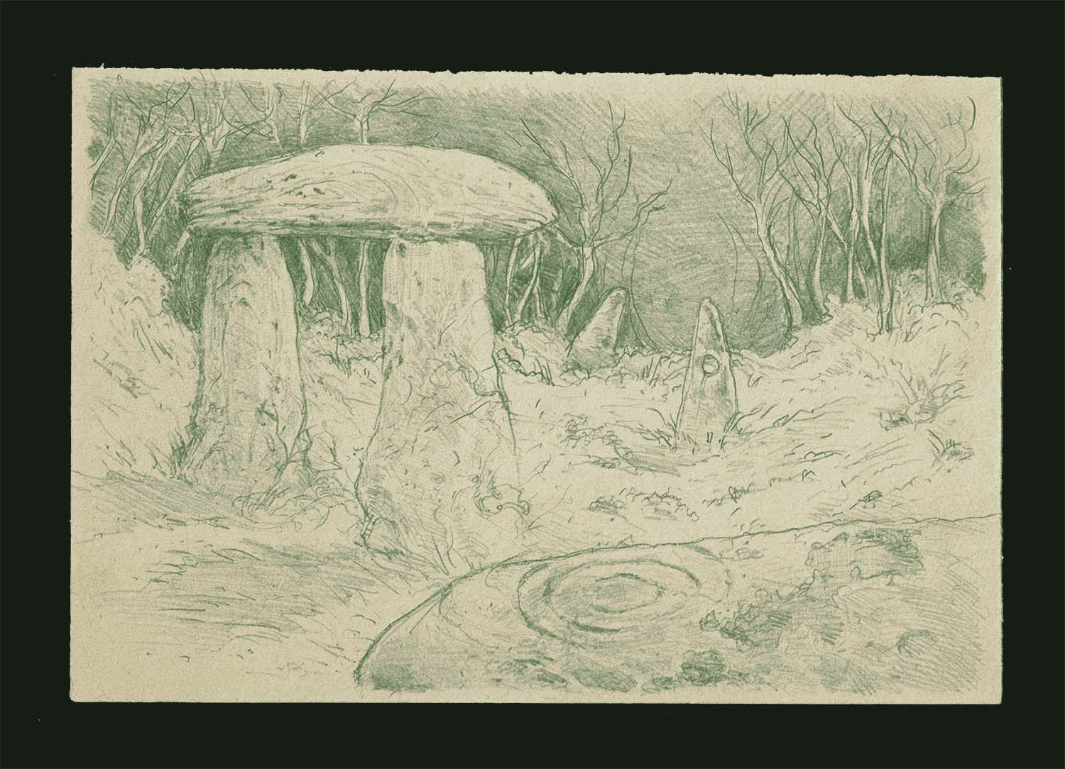 Drawing of standing stones in a forest clearing