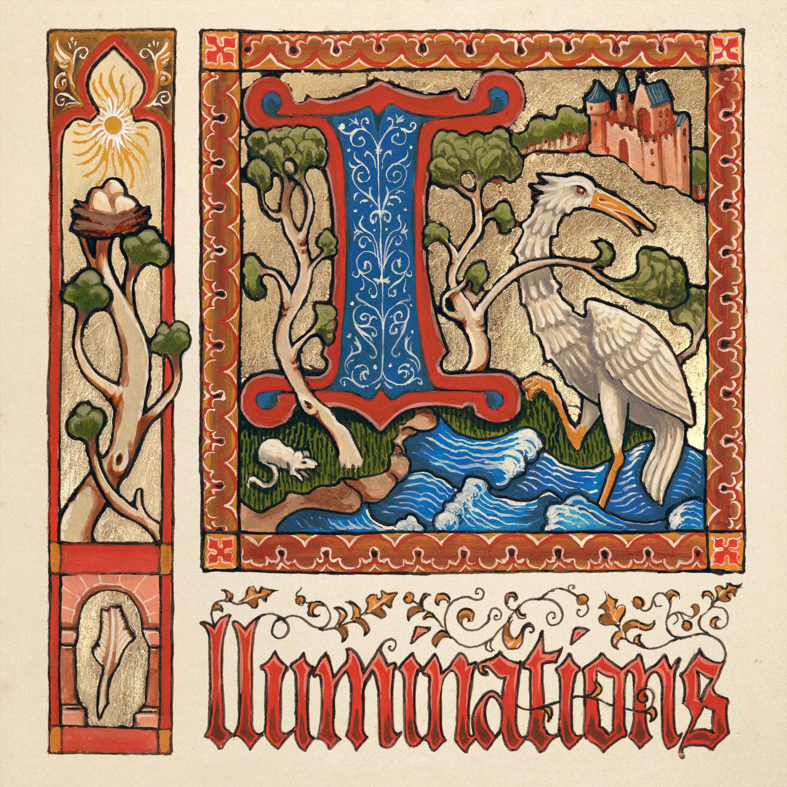 Illuminated painting of a large I with a heron and some trees with a ...